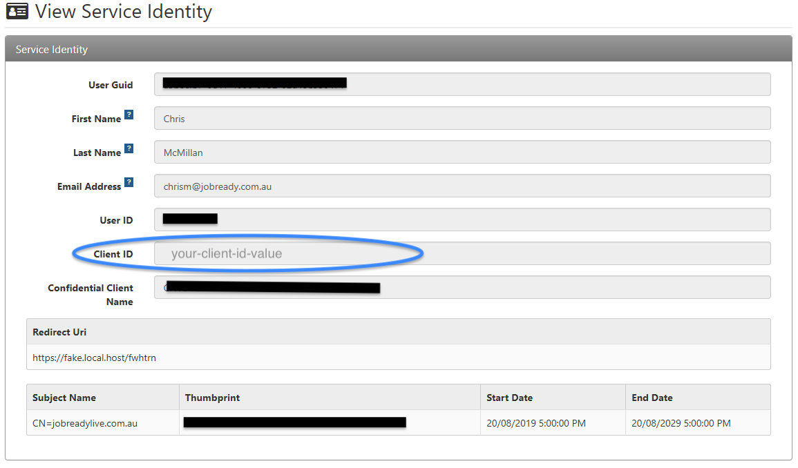 Job Ready Workforce Online API Service Identity Setup